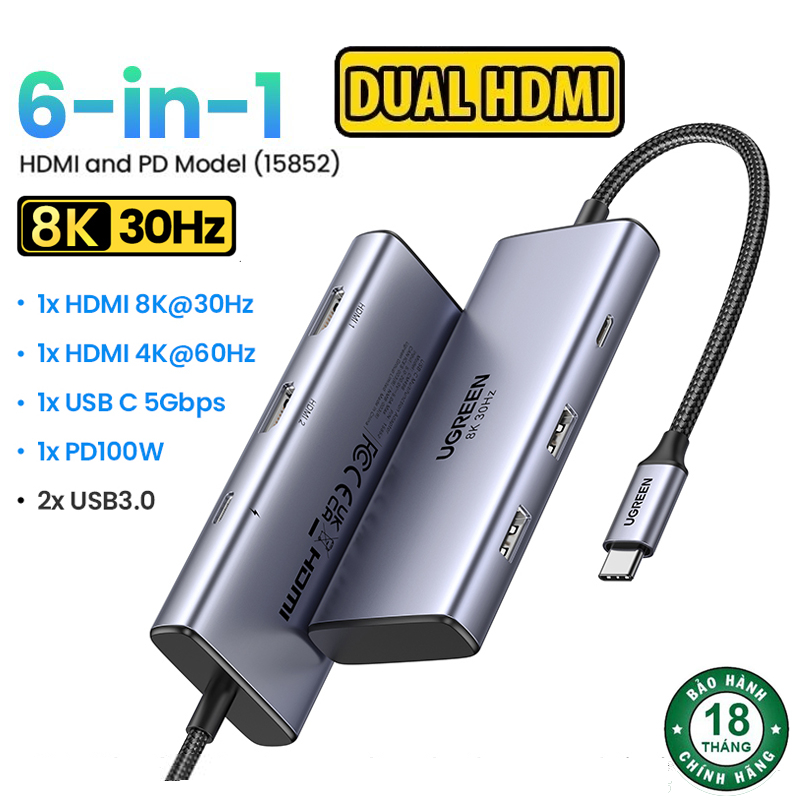 Hub Type-C to 2 cổng HDMI 6in1 8K@30Hz 4K@60Hz Ugreen 15852 Dual HDMI ...