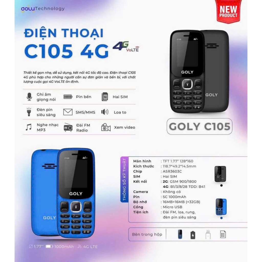 Điện thoại bàn phím GOLY C101 - C105 Sóng 4G 2sim -Màn 1.77 - Pin 1000mah - Nghe nhạc có FM Đọc ...