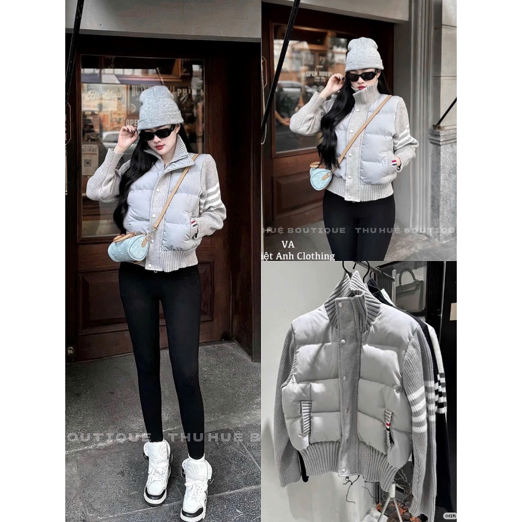 ÁO PHAO BOMBER PHỐI TAY LEN DỆT KIM 3 SỌC XÁM, HÀNG QCL1 SIÊU HOT 2025 K37 | Shopee Việt Nam