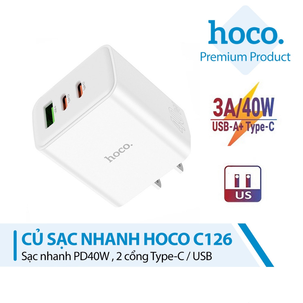Củ sạc nhanh PD40W/QC3.0 Hoco C126 2 cổng Type-C và 1 cổng USB chất ...