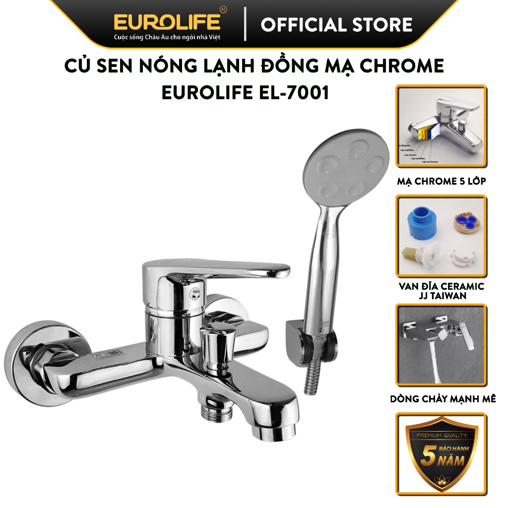 Bộ vòi sen nóng lạnh Đồng mạ Chrome Eurolife EL-7001 (Trắng bạc ...