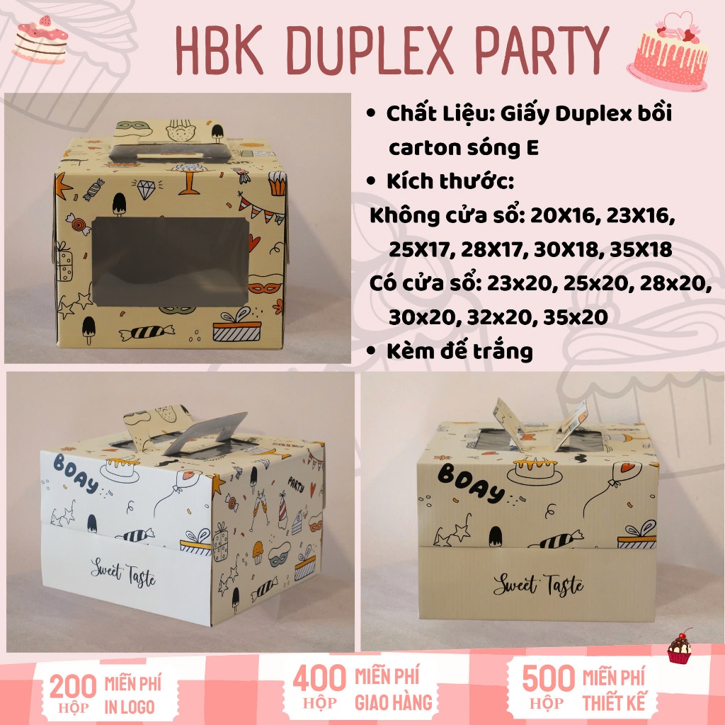 Hộp Bánh Kem PARTY vuông KHÔNG CỬA SỔ (Combo 10 hộp kèm đế) - Hình thật ...