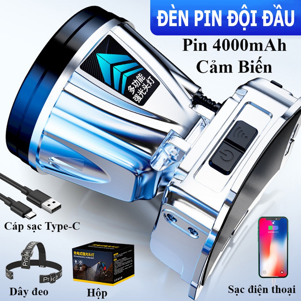 Đèn Pin Đội Đầu Siêu Sáng Pin 4000mAh Dùng 10-15 Tiếng, 3 Chế Độ Sáng ...