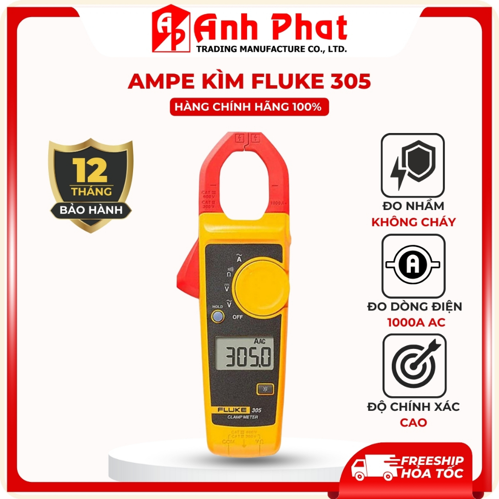 [Chống Cháy Đo Nhầm] Đồng Hồ Ampe Kìm Điện Tử FLUKE 305 Thang Đo Dòng Lớn 1000A, Cực Kỳ Chính ...