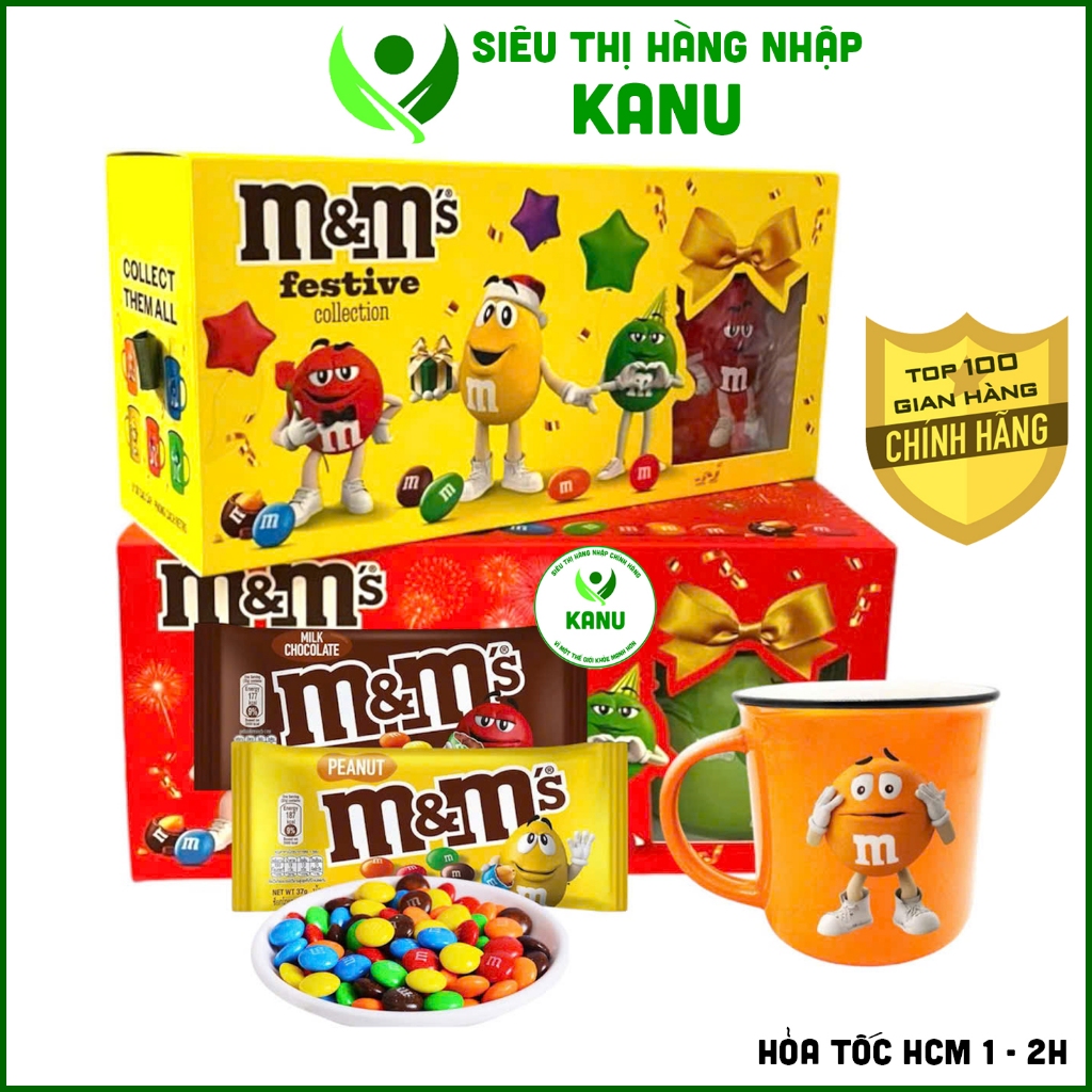 [Hộp quà] Combo kẹo socola M&M Mỹ 2 vị + tặng 1 ly sứ cao cấp, quà tết sang trọng sô cô la MM ...