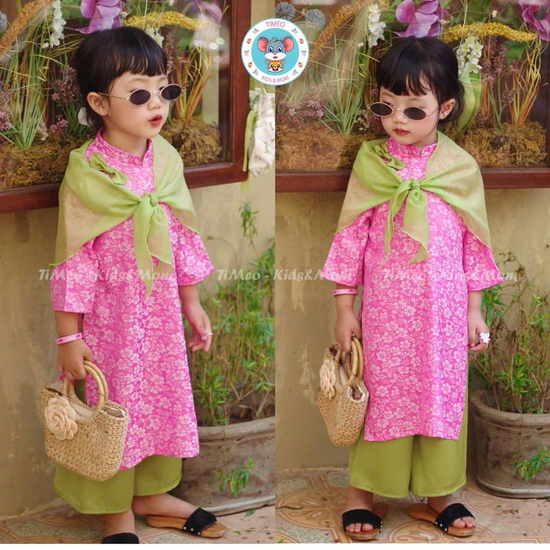 TiMeo - Áo dài bé gái Cát tường (8-32kg), vải gấm lụa cao cấp set kèm ...