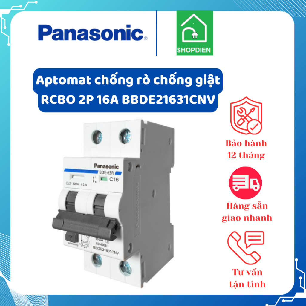 Aptomat chống rò chống giật RCBO 2P 16A 30mA 6kA Panasonic BBDE21631CNV ...