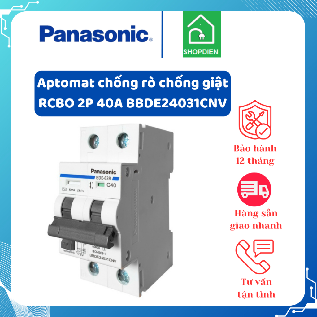 Aptomat chống rò chống giật RCBO 2P 40A 30mA 6kA Panasonic BBDE24031CNV | Shopee Việt Nam
