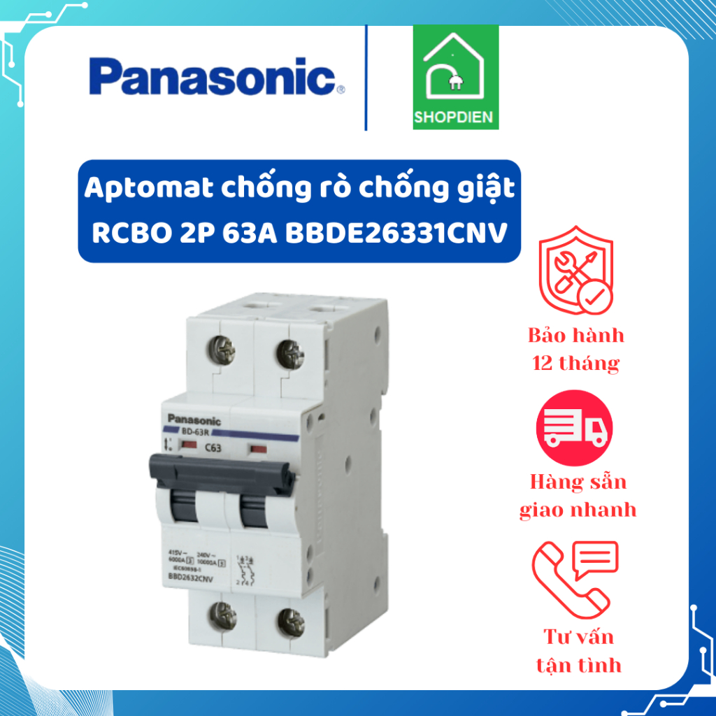 Aptomat chống rò chống giật RCBO 2P 63A 30mA 6kA Panasonic BBDE26331CNV | Shopee Việt Nam