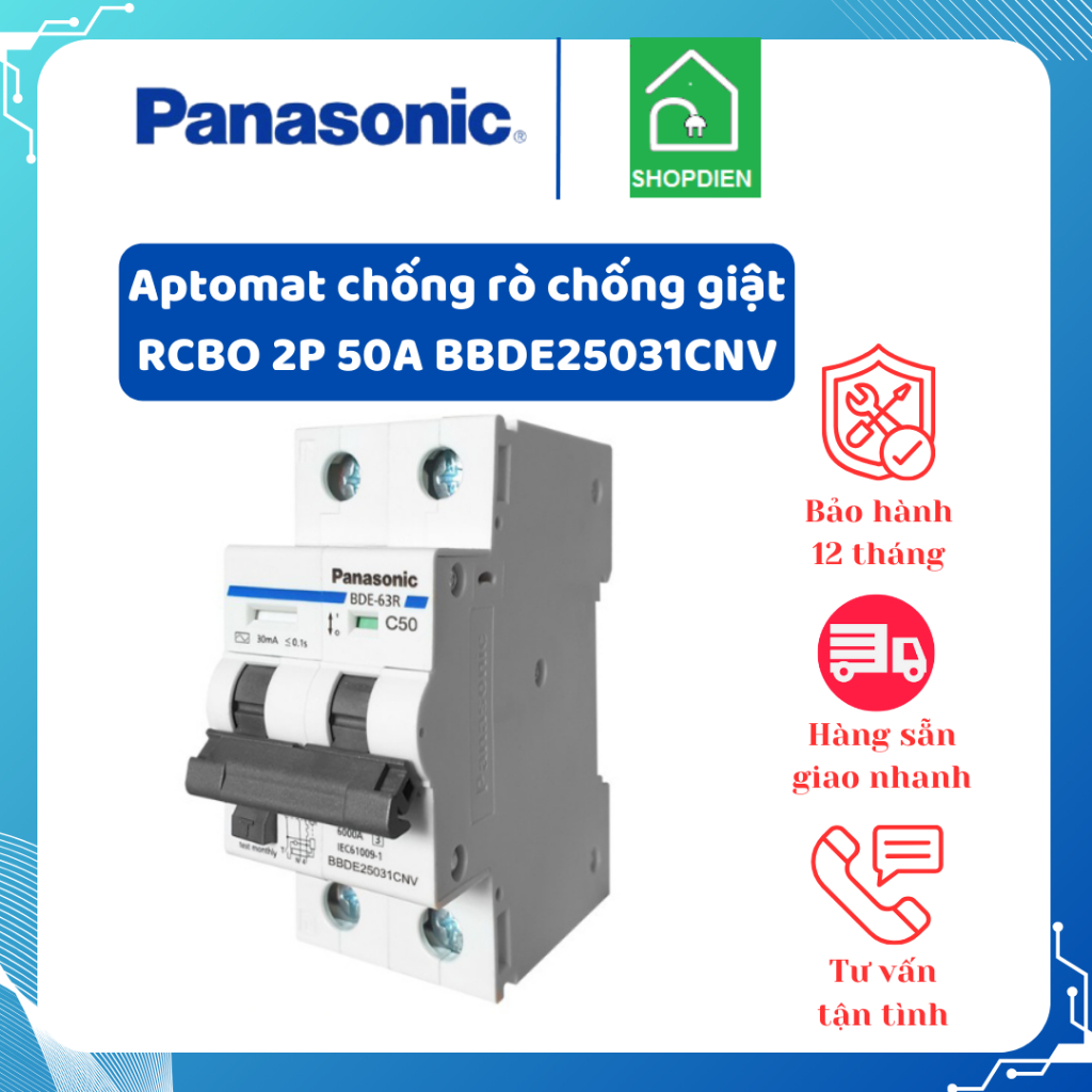 Aptomat chống rò chống giật RCBO 2P 50A 30mA 6kA Panasonic BBDE25031CNV | Shopee Việt Nam
