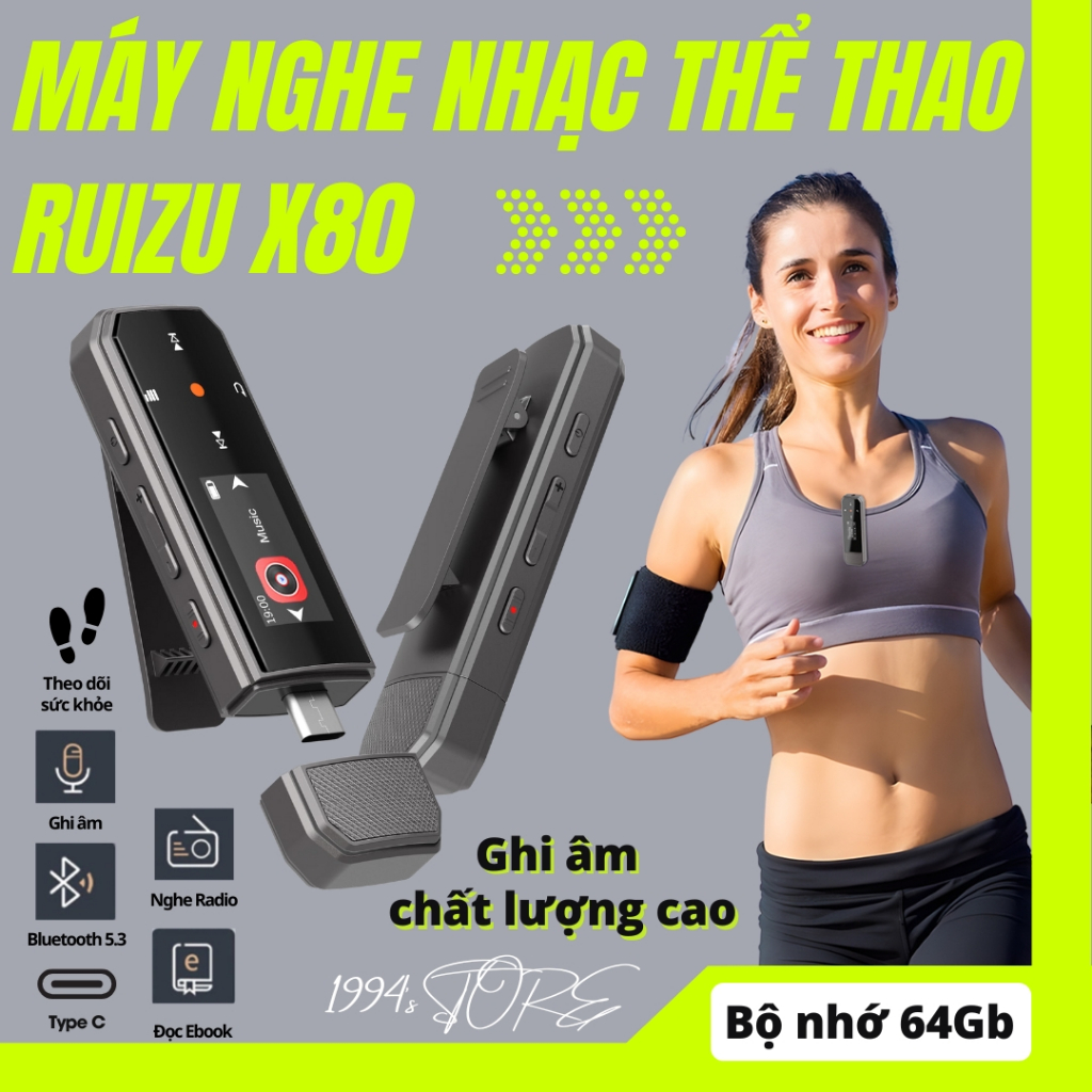 Ruizu X80 Máy nghe nhạc thể thao có kẹp áo kiêm máy ghi âm siêu nhỏ gọn ...