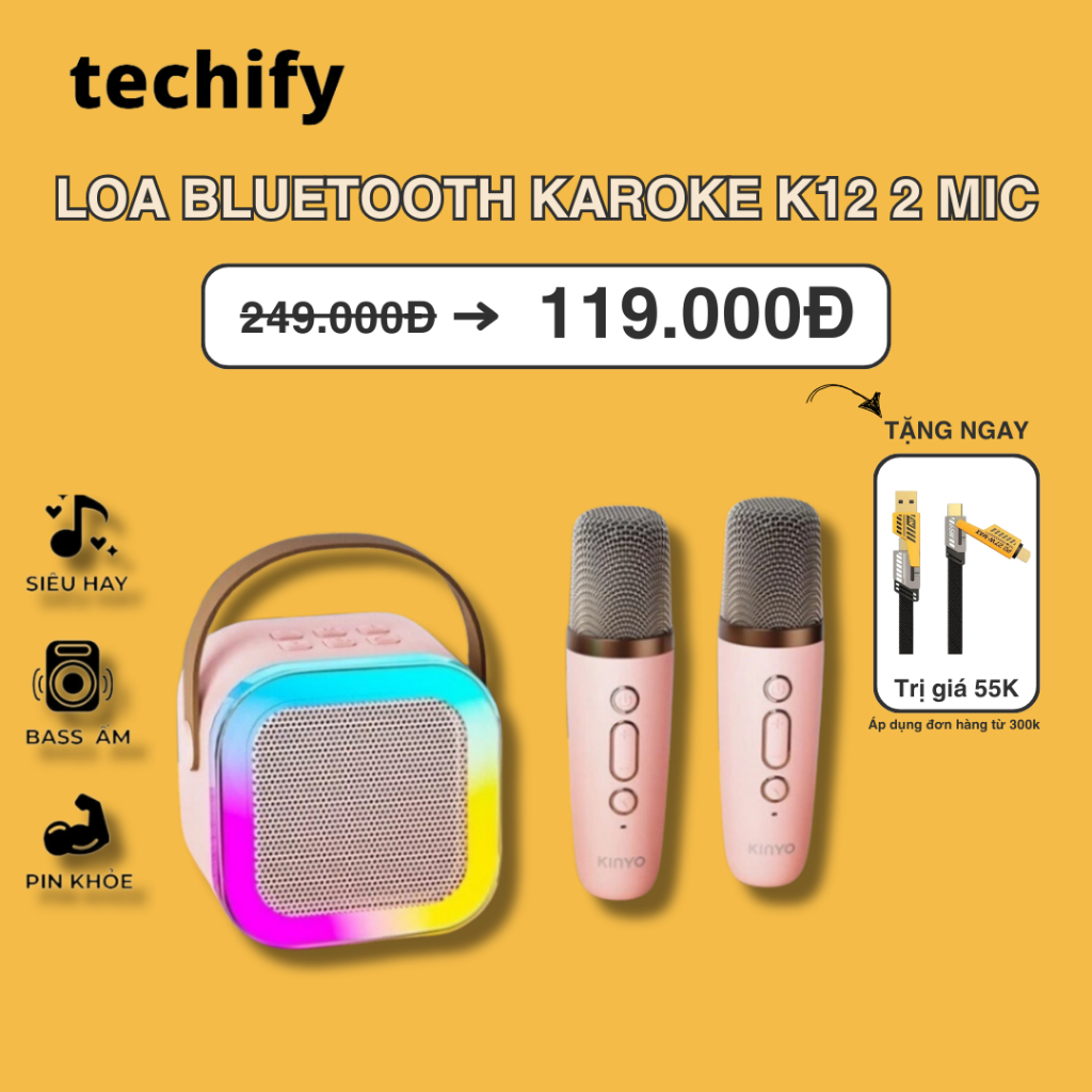 Loa Bluetooth TECHIFY Karaoke Mini K12 Sạc Pin Không Dây Âm Thanh Hay Bass Chuẩn Kèm 2 MIC ...