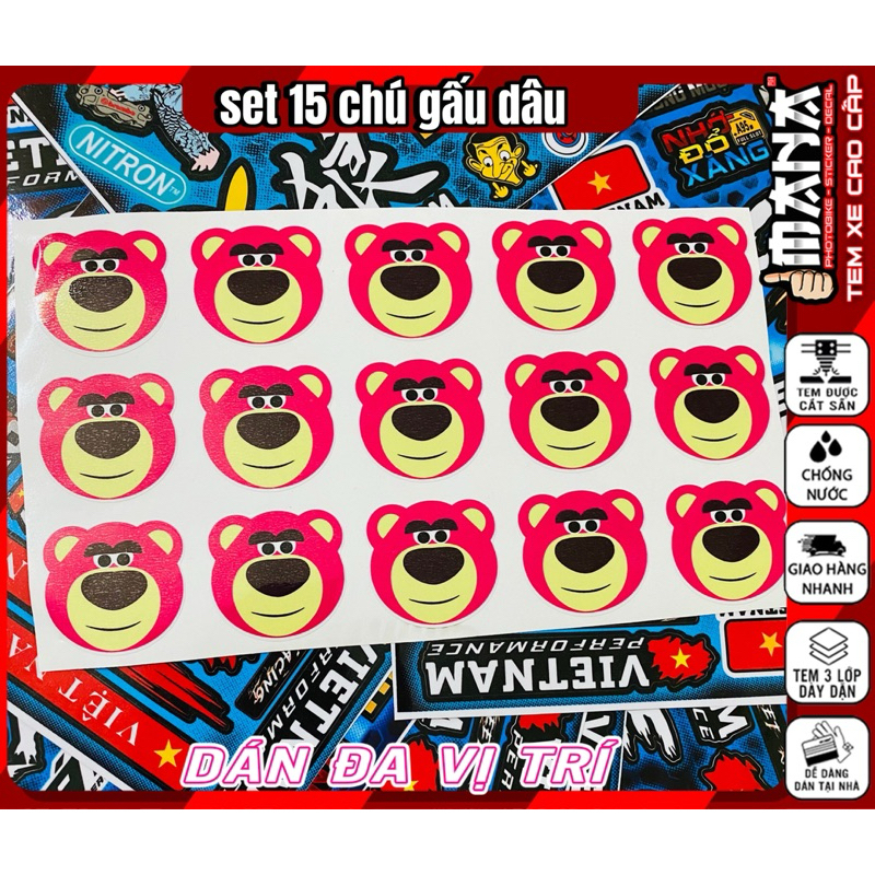 Tem dán xe gấu dâu lotso dán đa vị trí ,xe máy xe điện,Sticker dán xe ...