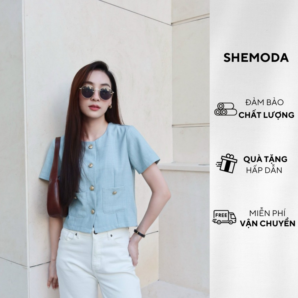 Áo Kiểu Xinh Hàn Quốc Tay Ngắn Cổ Tròn SHEMODA Button Shirt Dáng Lửng Đính Khuy Kim Loại Sang ...
