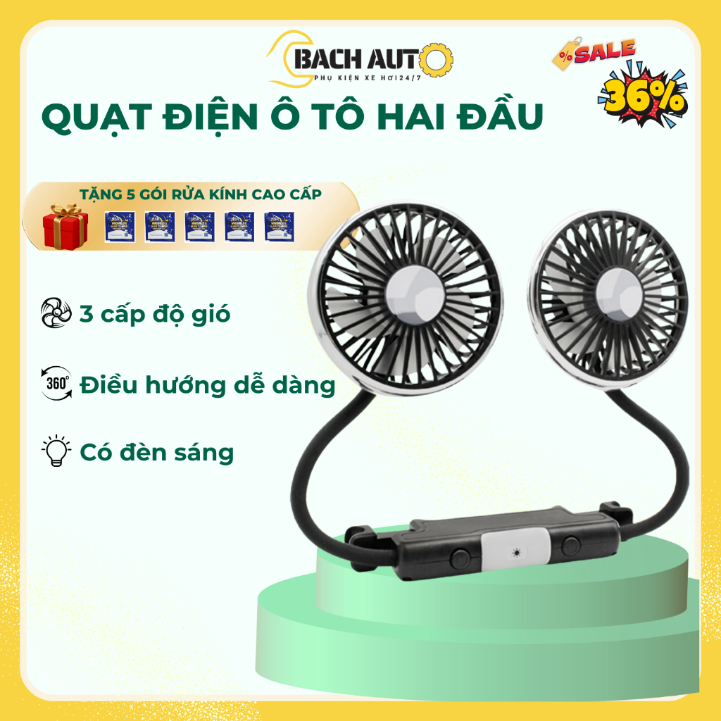 Quạt điện ô tô, Hai đầu quạt tuỳ chỉnh 360 độ tuỳ ý, 3 tốc độ gió, USB ...