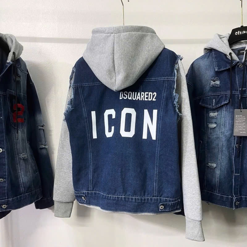 Áo Khoác Bò phối Nỉ DSQ2 Logo ICON From dáng khoác mũ chất Demim dày ...