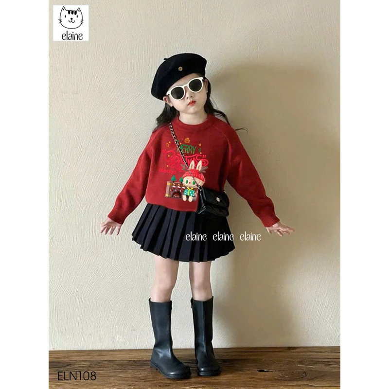 Set bộ áo nỉ đỏ in hình Labubu Noel mix chân váy xếp ly đen nhà Elaine ...