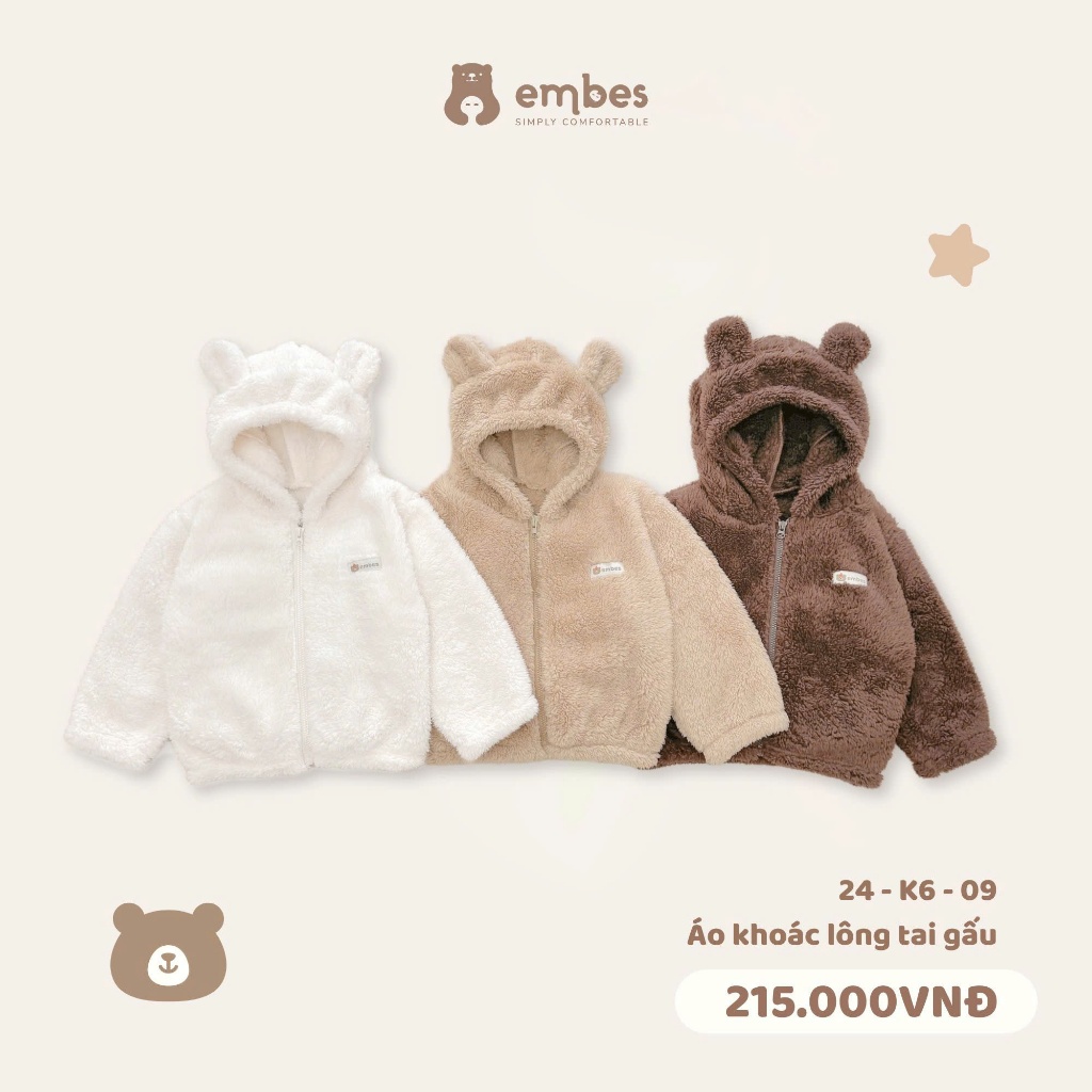 Áo Khoác Cho Bé Embes, Áo Khoác Lông Tai Gấu Lớp Lông Dày Dặn Cho Bé ...