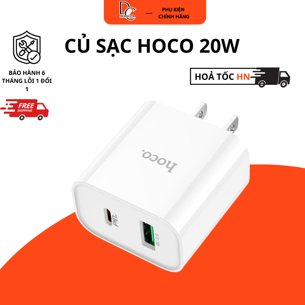 Củ sạc nhanh PD 20W Hoco C80/C80A 2 cổng ( USB + Type-C ) 3A, Quick charger 3.0, tương thích với ...
