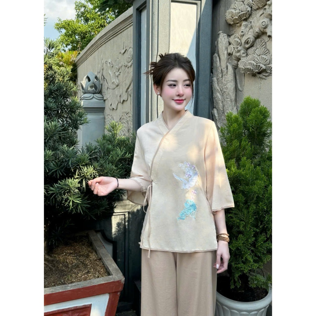 Bộ Đi Lễ Chùa, Pháp Phục Nữ Đũi Cổ V Màu Viền Buộc Eo Thêu Hạc Mây Cao ...