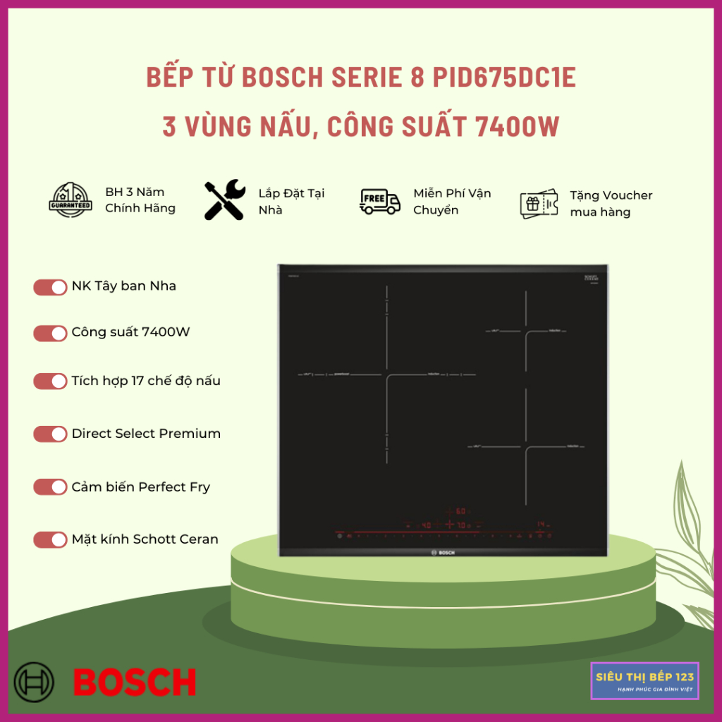 Bếp Từ Bosch PID675DC1E Series 8 - 3 Vùng Nấu 7400W - Nhập khẩu Tây ban ...