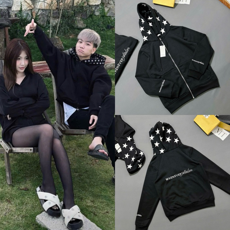 Áo khoác hoodie zip nam nữ Whenever Atelier thêu chữ ống tay và lưng ...