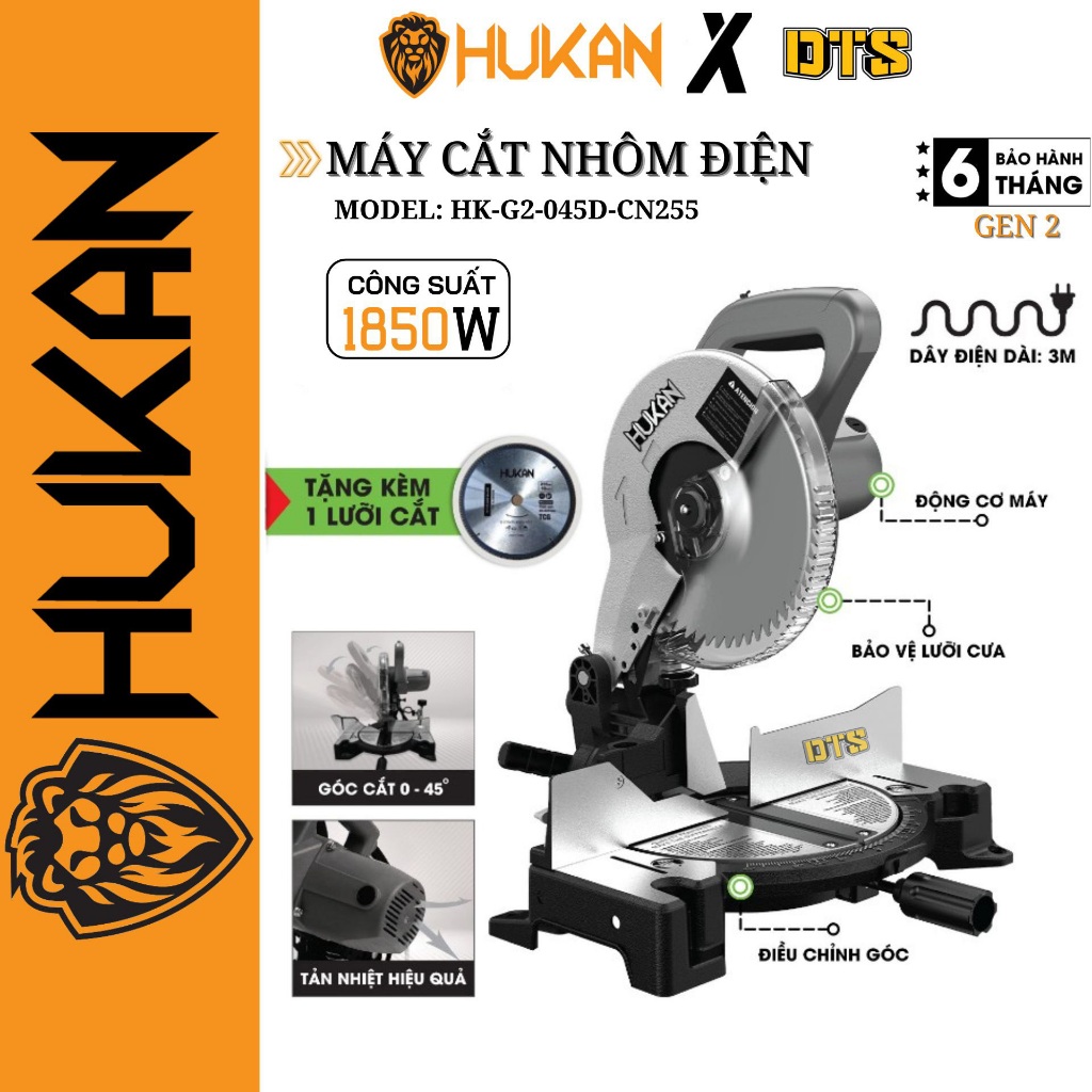 Máy cắt nhôm điện đa năng, để bàn cố định HUKAN HK-G2-045D-CN255 | Công suất 1850W, lưỡi cắt ...