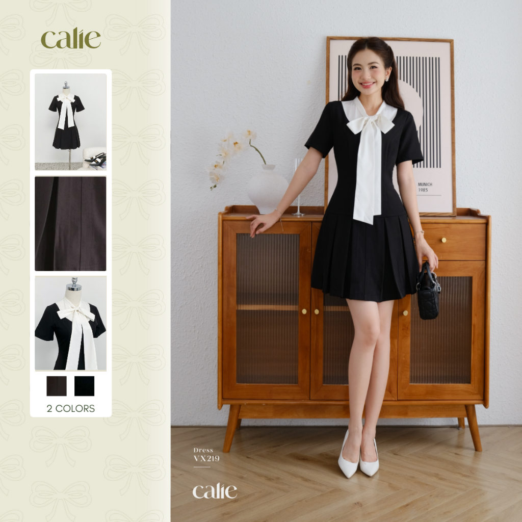 Váy dáng xòe cổ nơ phối tay cộc Thương hiệu Calie House VX219 | Shopee ...