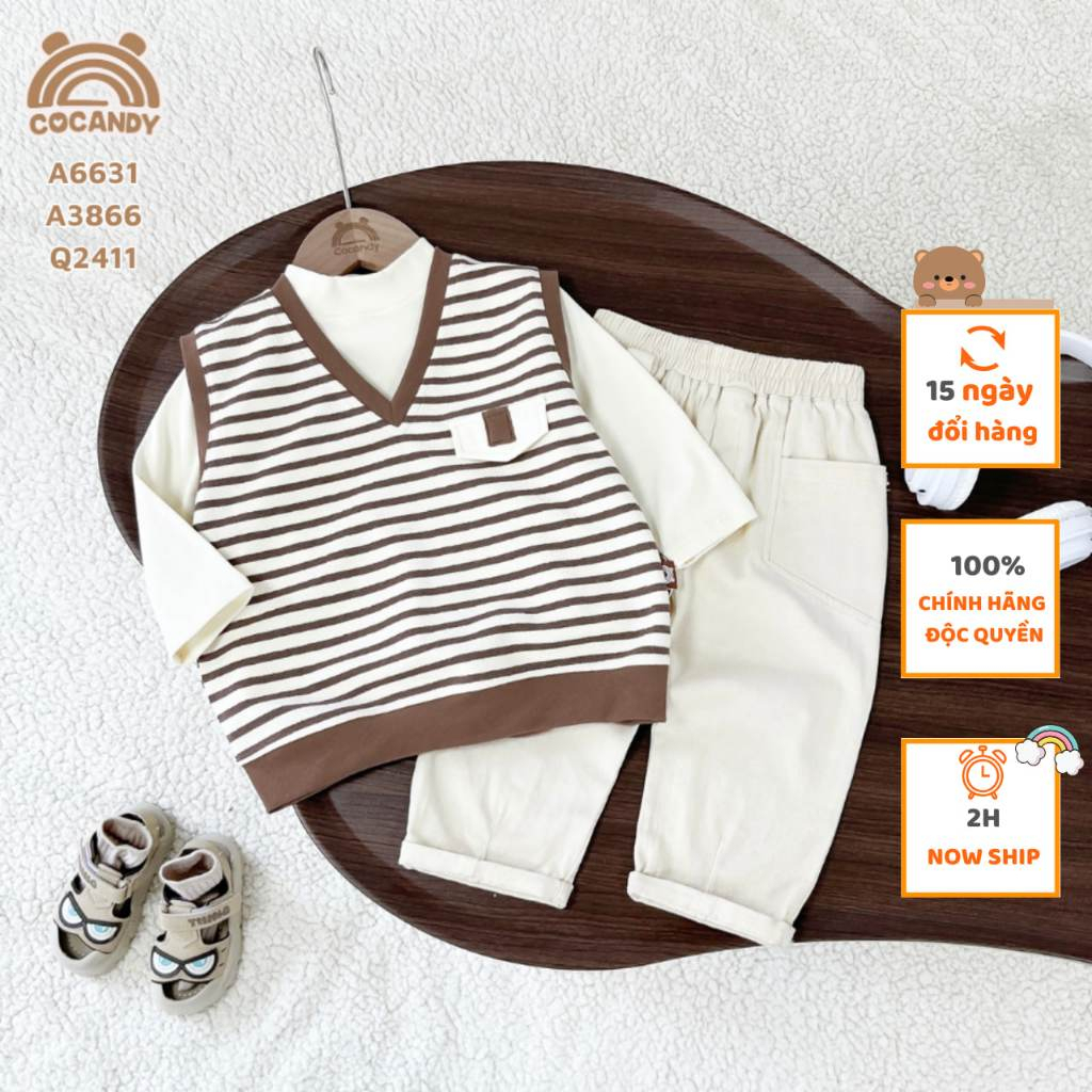Set đồ cho bé -Áo gile NÂU kẻ BE ngực nắp túi và Quần dài BE phối 1 dây cúc của COCANDY mã A6631 ...