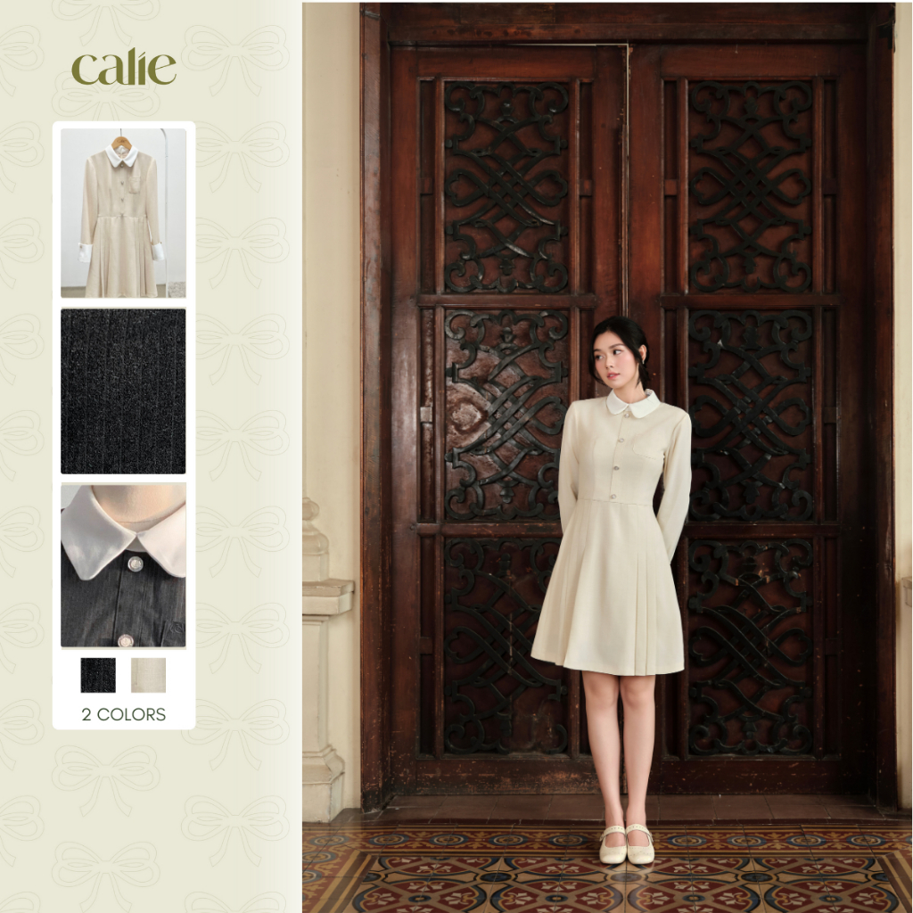 Đầm liền dáng A xếp ly phối cổ trắng thêu túi THƯƠNG HIỆU CALIE HOUSE ...