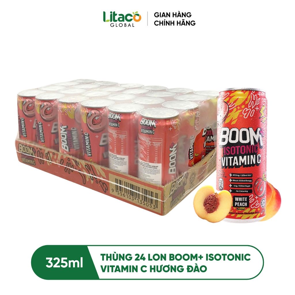 Thực phẩm Bổ sung Boom+ Isotonic Vitamin C hương Đào (325ml/lon) Thùng ...