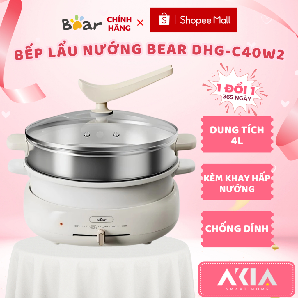 Nồi lẩu nướng đa năng Bear DHG-C40W2, 3 khay in 1, dung tích 4L, chống dính tốt, kèm khay hấp ...
