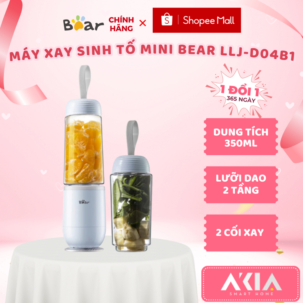 Máy xay sinh tố cầm tay Bear LLJ-D04B1, 2 cốc dung tích 350ml, lưỡi dao kép 2 tầng, xay đá ...