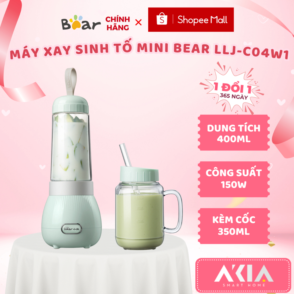 Máy xay sinh tố cầm tay mini Bear LLJ-C04W1, kèm cốc có quai cầm, dung tích 400ml, chính hãng ...