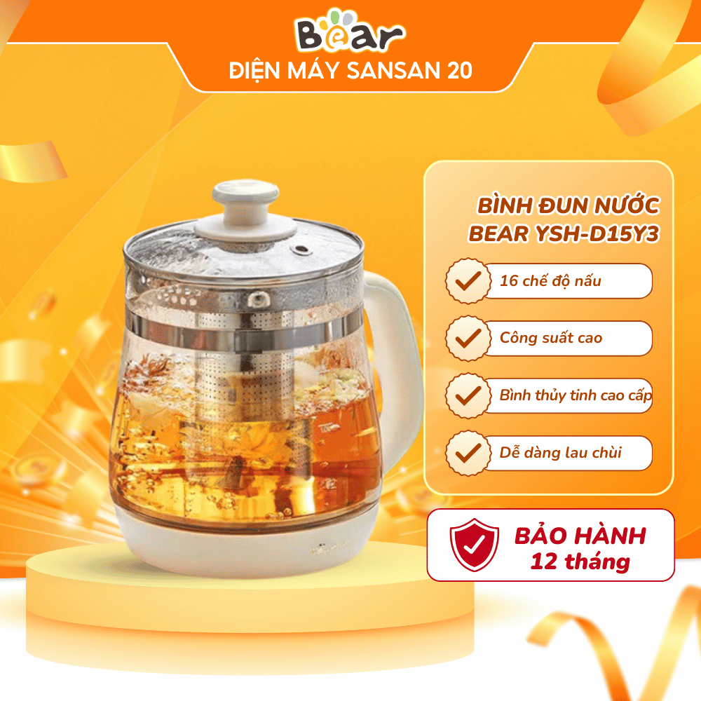 Bình pha trà đun nước Bear YSH-D15Y3 thuỷ tinh 1,5 lít công suất 800W ...