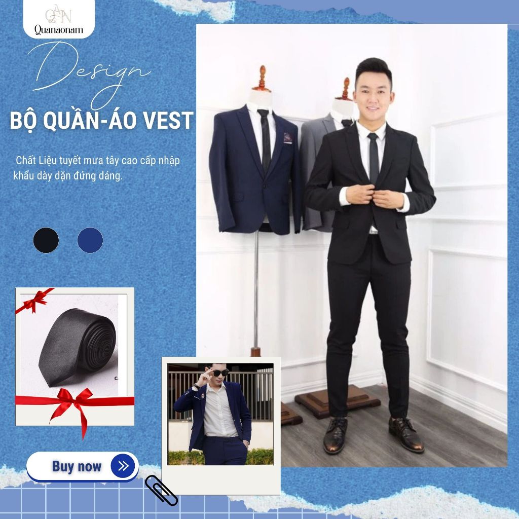 Xả kho BỘ vest gồm áo vest + quần + sơ mi + tặng cavat, bông lúa, bộ ...