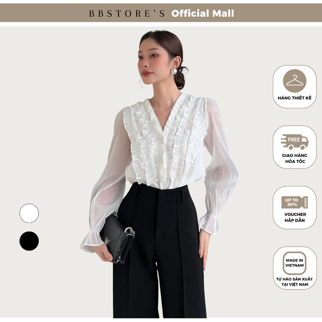 Áo Sơ Mi Tay Dài Cổ V Nhún Bèo BBSTORE'S -A2231 | Shopee Việt Nam