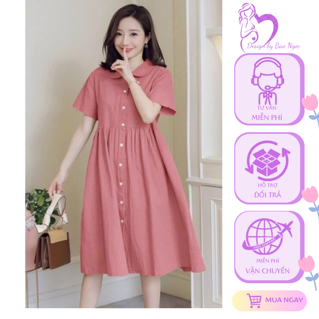 Đầm bầu thiết kế Bảo Ngọc cổ sen tròn form babydoll, khuy toàn thân (cúc thật), chất mềm mát có ...