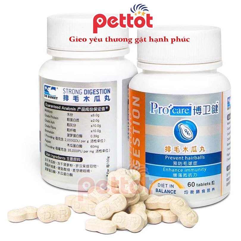 Thực phẩm chức năng Dr.Bunny Hổ trợ tiêu hóa mạnh mẽ và giảm rụng lông cho thỏ (60 vien/lo ...