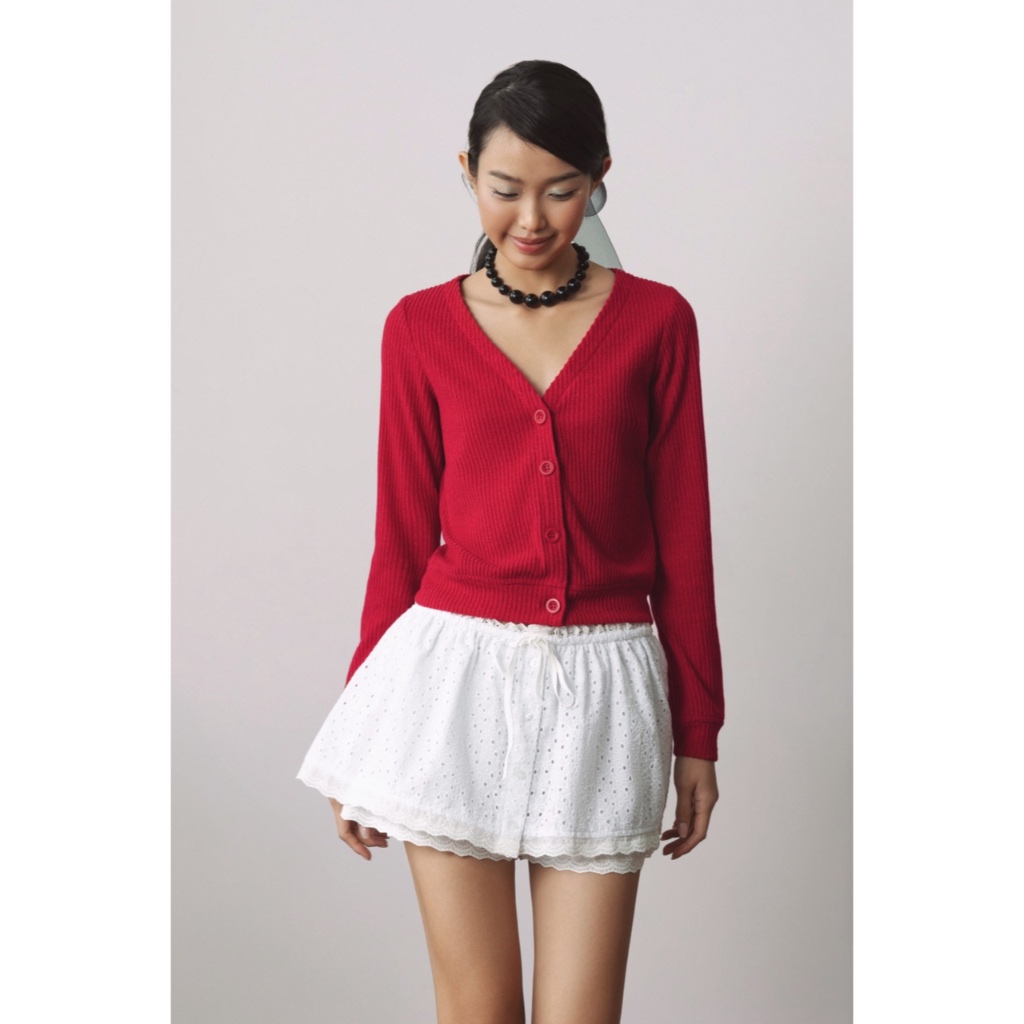 LIBÉ WORKSHOP - Áo cardigan cổ V thun len màu đỏ | Shopee Việt Nam