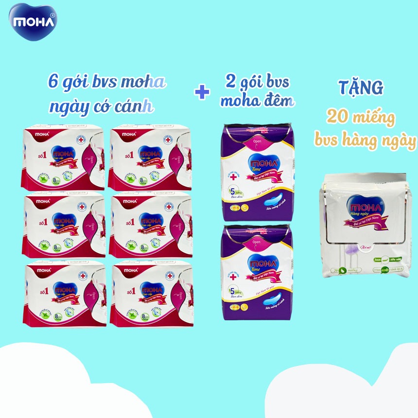 COMBO 6 GÓI BĂNG VỆ SINH MOHA NGÀY CÓ CÁNH cộng 2 MOHA ĐÊM TẶNG thêm 20 MIẾNG BVS MOHA HÀNG NGÀY ...