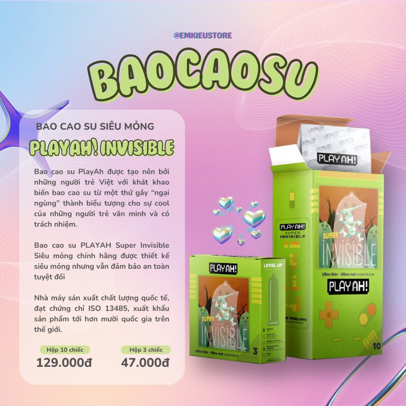 Bao cao su PlayAh! Super Invisible siêu mỏng 52mm hộp 3/10 chiếc ...