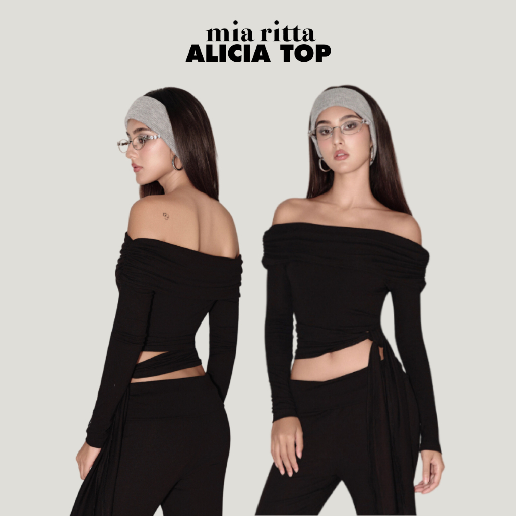Áo thun Alicia Top Mia Ritta A2216 - Áo thun đen trễ vai dài tay buộc nơ hông | Shopee Việt Nam