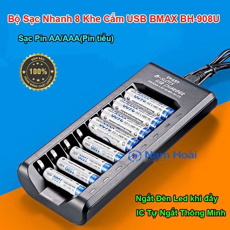 Bộ Pin Sạc 8 đèn Sạc 8 Pin AA/AAA BH-908U Tự Ngắt cho micro karaoke, đồ ...