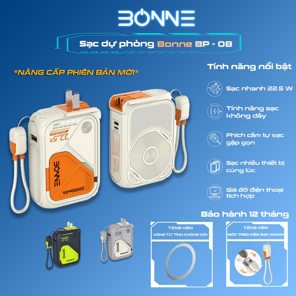(Sản phẩm live) Sạc Dự Phòng, Củ Sạc Nhanh BONNE BP08 By BONNETECH, Sạc Dự phòng 10.000 mAh 20. ...