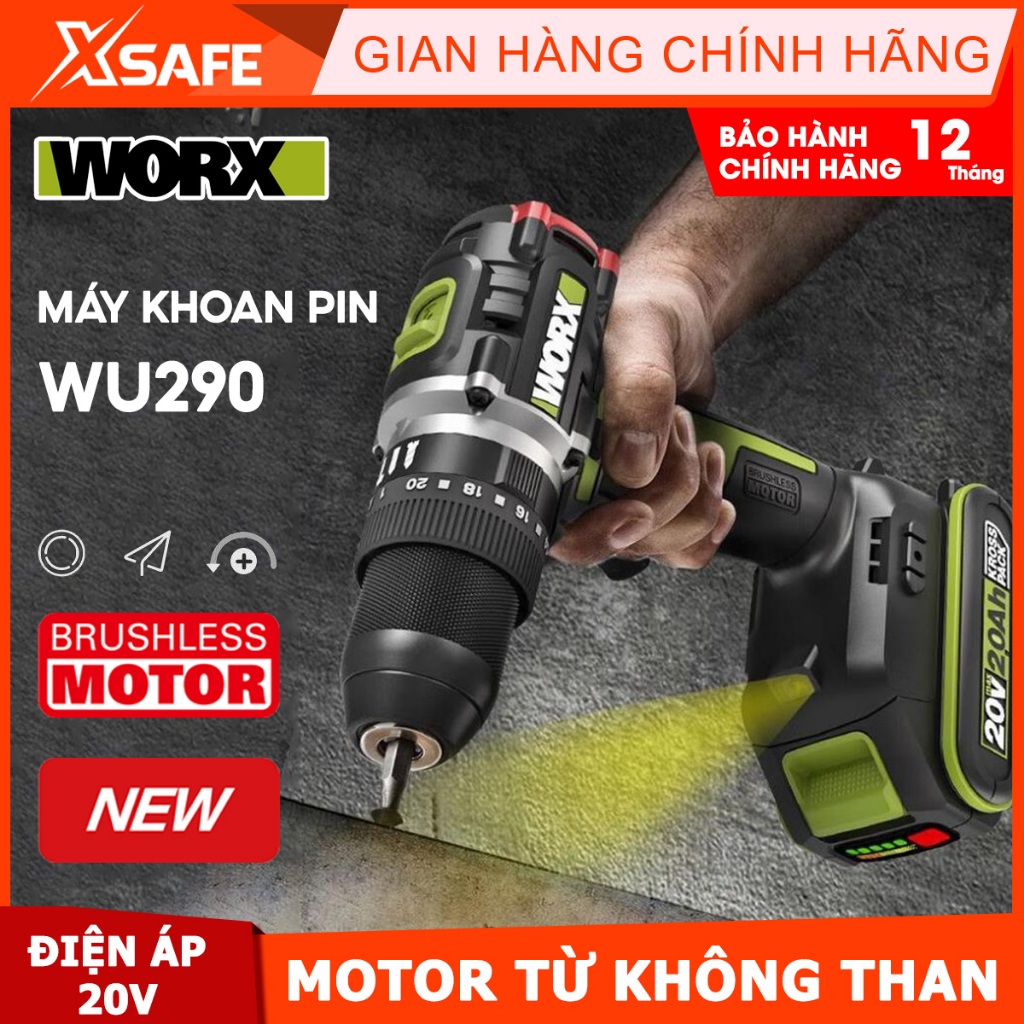 Máy khoan pin 3IN1 WORX WU369 motor không chổi than, mô-men xoắn 60Nm, khoan/khoan búa/vặn siết ...