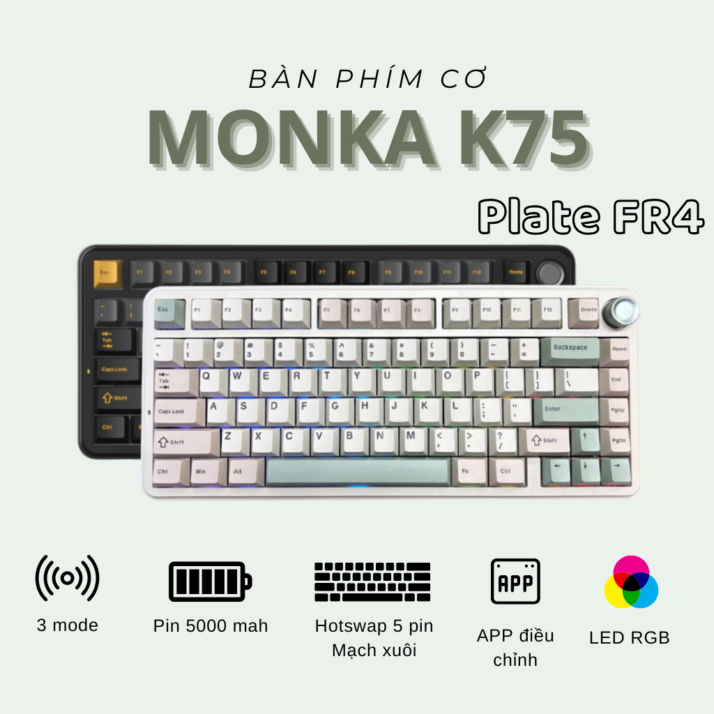 Bàn phím cơ Monka K75 - 3 mode kết nối - Mạch xuôi - Hotswap 5 pin ...