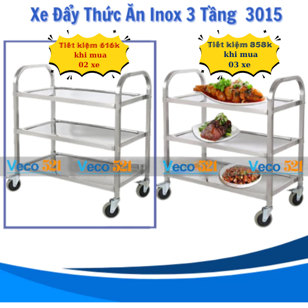 {Combo}Xe đẩy thức ăn 3 tầng VotCo Trolleys, Inox304, 3mặt tầng phẳng ...
