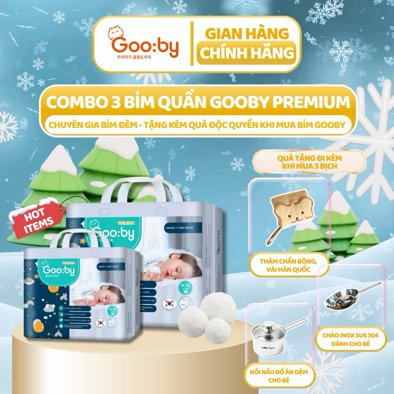 [Kèm quà] Combo 3 bịch Tã/bỉm quần Gooby Premium-Chuyên gia bỉm đêm, chống trào 12h, size M/L/XL ...