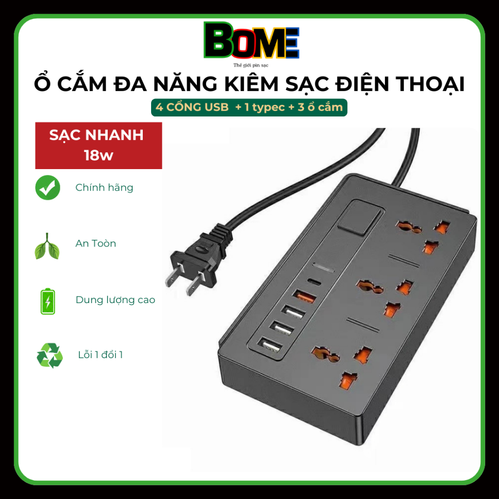 Ổ cắm điện đa năng thông minh cao cấp chống giật, tải lớn 2500W, 3 ổ ...